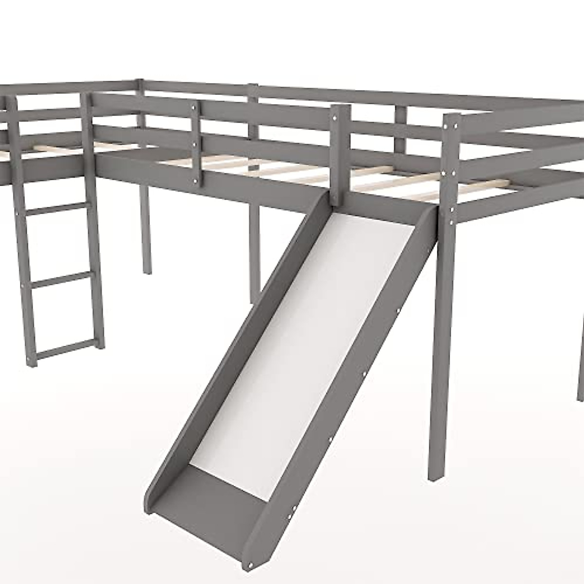 Myshle Twin Loft Bed for Kids, L-Shape Loft Beds with Slide,Low Loft Bed Frame Corner Bunk Bed Wooden Loft Bed for Girls Boys Teens,Gray