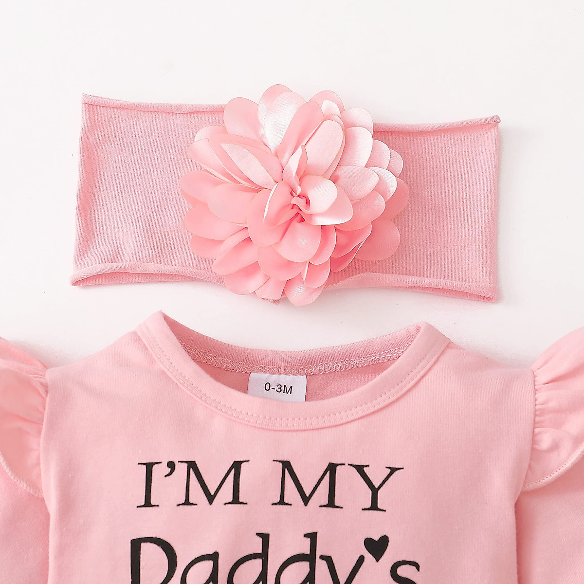 SUNNY PIGGY Baby Girl Clothes Newborn Outfit Infant Winter Fall Letter Print Flower Pants Set Long Sleeve Romper Baby Girl's Clothing with Headband 3-6 Months Pink 4PCS