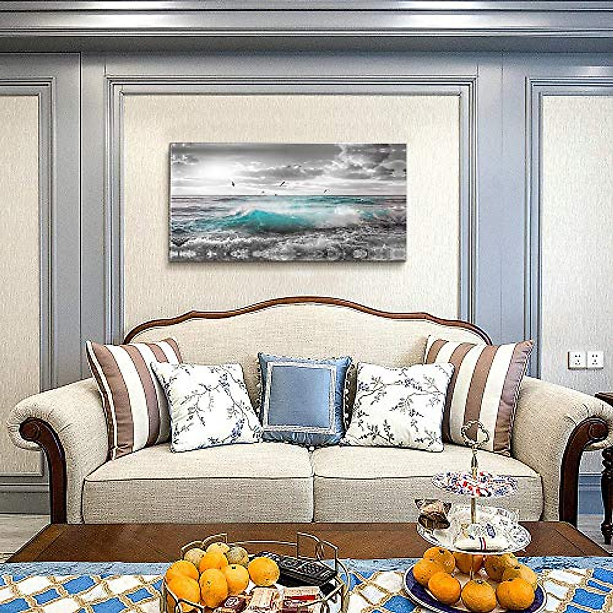 Framed Wall Art Canvas Ocean Decor Beach Theme Bedroom Large Sunset Blue Ocean Waves Seagulls Panels for Interior Bathroom Wall Décor Scenery Bed Dining Room Peel And Stick Decorative 24"x48"