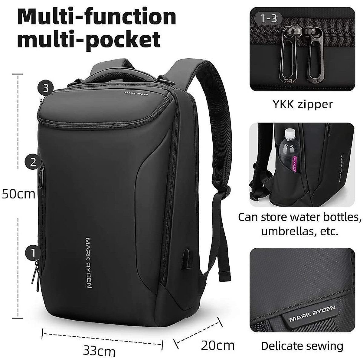 Mark Ryden Laptop Backpack for Men,17.3 Inch Large Capacity Business Backpack,Waterproof Travel Backpack with USB Charging Port (YKK-3 Pocket)