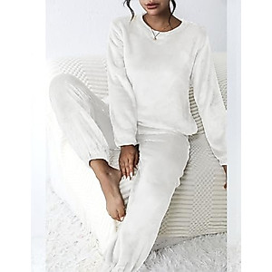 Ekouaer Women Fleece Pajama Sets Long Sleeve Tops and Pants PJ Sets Joggers Plush Loungewear Sleepwear White Large