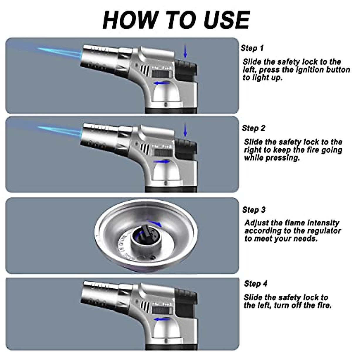 2 Pack Butane Torch Lighters,PBXZET Blow Torch Refillable Kitchen Cooking Torch with Safety Lock Adjustable Flame Chef Torch for Desserts Brulee BBQ Baking-Butane Gas Not Included(Silver Red)