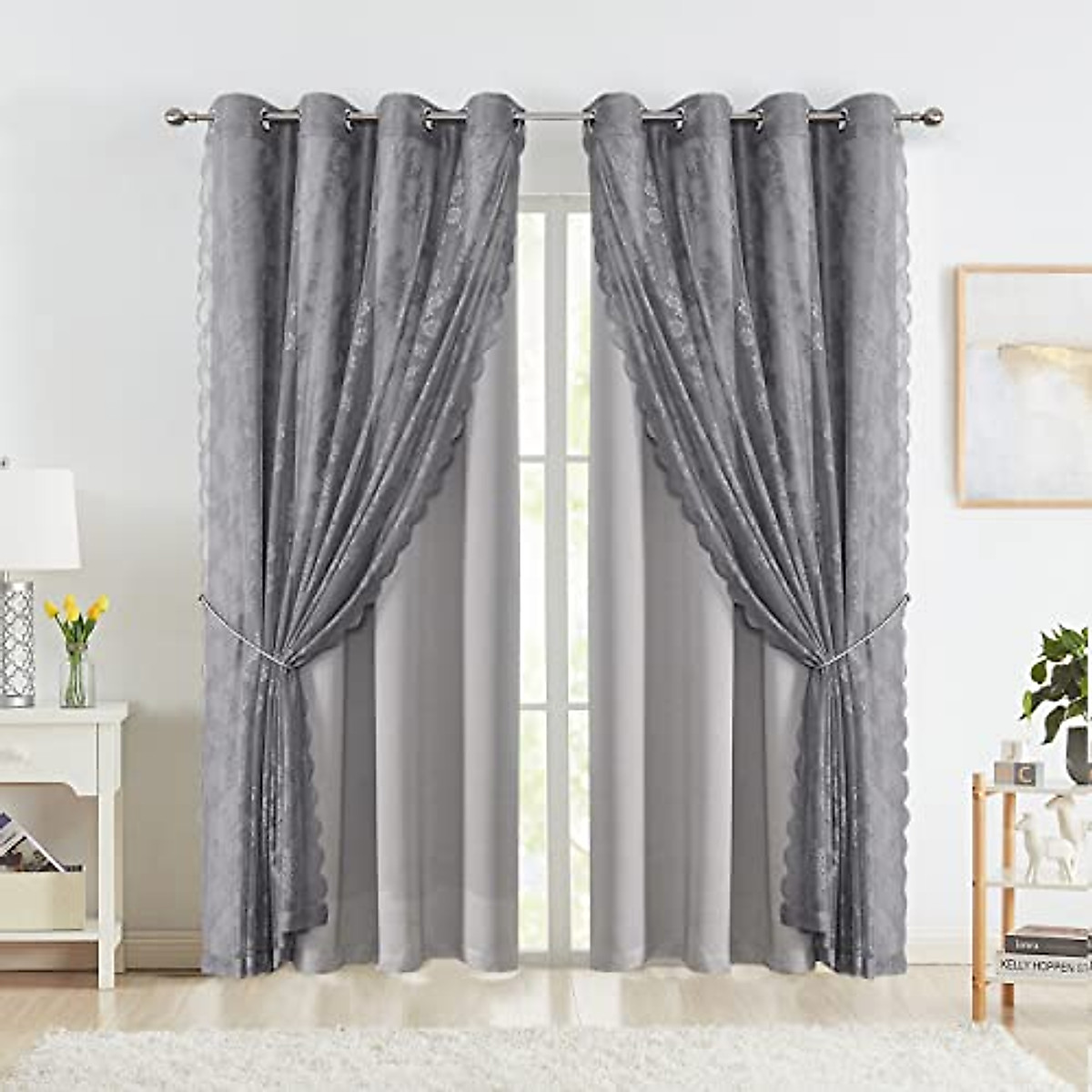 4 Pieces Grey Blackout Curtains & Elegant Rose Floral Lace Sheer Curtains for Bedroom Farmhouse Mix and Match Double Layer Or Single Layer Gray Room Darkening Grommet Window Drapes, 52"W x 84"L x 4