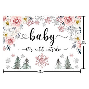 AIBIIN 7x5ft Baby It's Cold Outside Backdrop Christmas Winter Baby Shower Decorations for Girl Pink Flowers Silver Snowflakes Photography Background Banner Photo Props