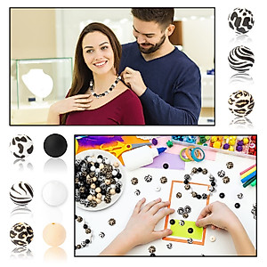 121Pcs Silicone Beads 12mm Necklace Silicone Beads Keychain Earring Making Leopard Cow Print Silicone Round Beads and 15mm Round Shaped Beads for Jewellery Making DIY Crafting