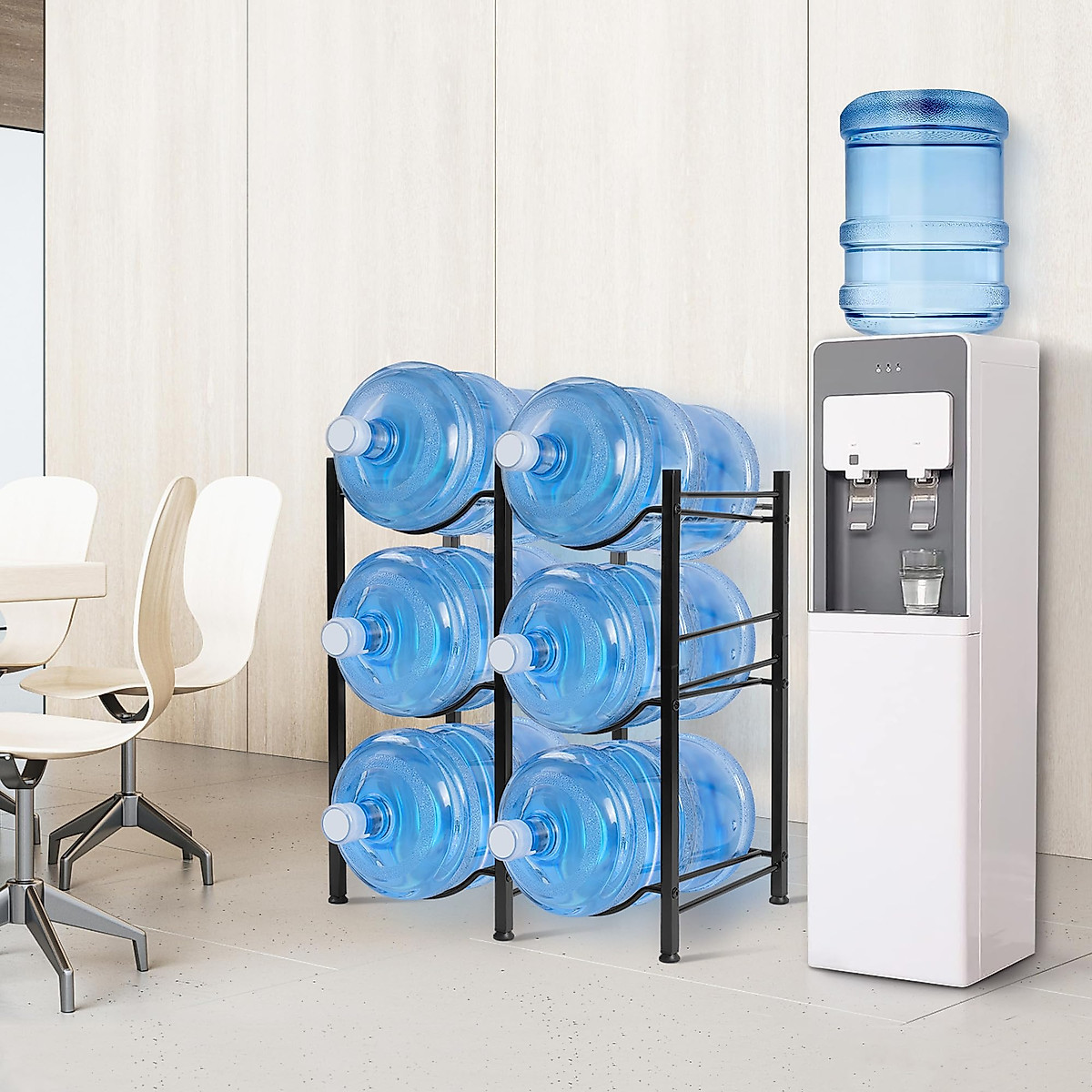 Klvied 5 Gallon Water Jug Holder, 3 Tier Water Jug Rack, Water Jug Stand for 5 Gal Water Bottle, Water Jug Stand, Heavy Duty Water Gallon Holder for 6 Bottles with Lifter and 5 Gallon Water Jug Cap