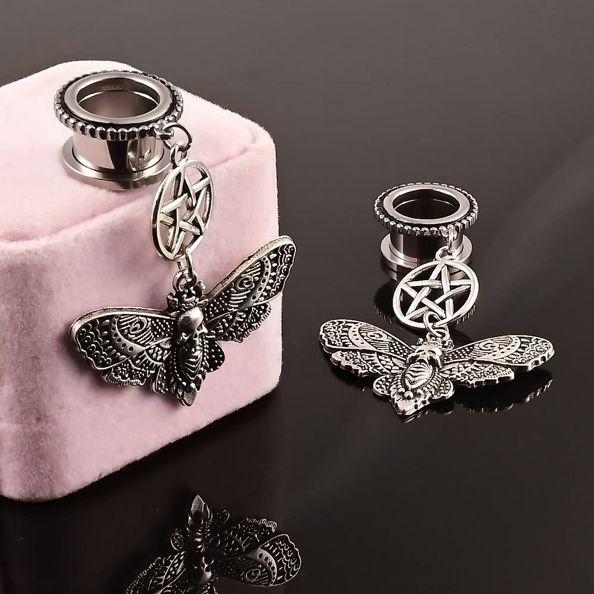 Atomhole 2 PCS Ear Gauges Cool Butterfly Dangle Hypoallergenic Stainless Steel Dangle Ear Plugs Tunnels Gauges Stretcher Pair Selling 2g 0g Piercing Body Jewelry (8mm(0G), Silver)