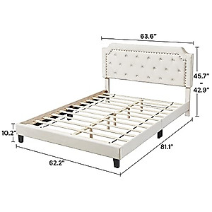 SunsGrove Queen Bed Frame, Velvet Upholstered Platform Bed with Curved Button Tufted Headboard with Nailhead Trim, Solid Wooden Slats Support, No Box Spring Needed, Beige