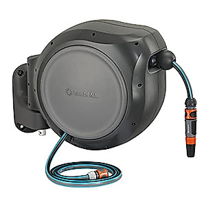 GARDENA 8055-100 Foot Wall Mounted Retractable Reel with Hose Guide, Automatic retraction for Easy Watering
