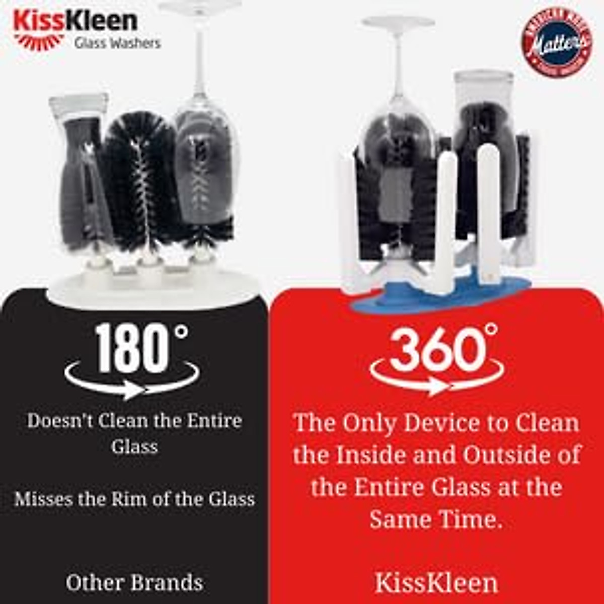 KissKleen Glass Cleaner Brush - Bar and Restaurant Commercial Glass Washer Brush for 2 Glasses - Wine Glass, Bottle, and Cup Washer to Remove Water Spots & Stains