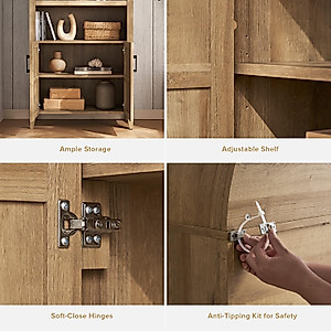 mopio Lauren 65.4" Short Arched Cabinet, 5-Tier Arched Bookcase with Doors and Shelves, Mini Arched Bookshelf with Storage, Kitchen Pantry Cabinet, Wooden Storage Cabinet for Living Room (Oak)