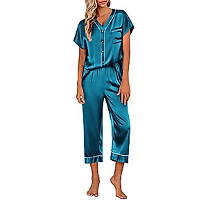 Ekouaer Plus Size Satin Pajamas for Women Two-Piece Nightgown Button Down Short Sleeve Loungewear PJ Set Dark Green