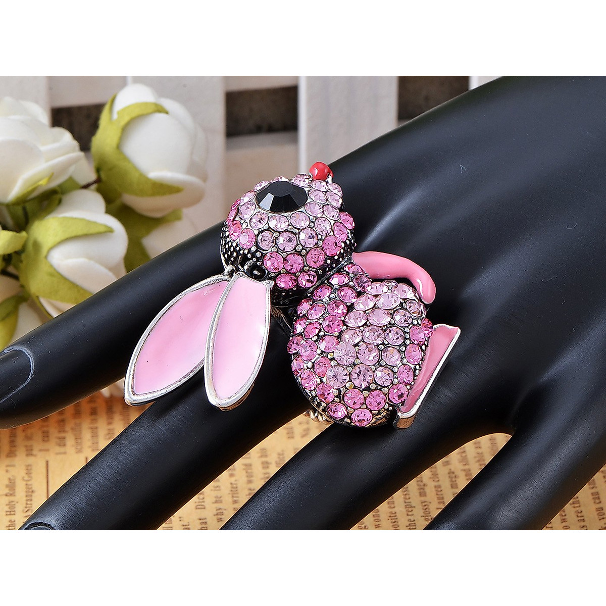 Alilang Handpainted Hot Neon Pink Enamel Bunny Rabbit Crystal Rhinestone Ring
