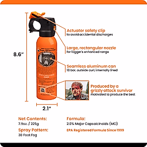 UDAP Pepper Power Bear Spray Self Defense Deterrent with Griz Guard Holster for Camping, Hiking, Fishing, Powerful Blast Pattern, 30 ft Fog Barrier, Safety Orange, SOG, 7.9 oz