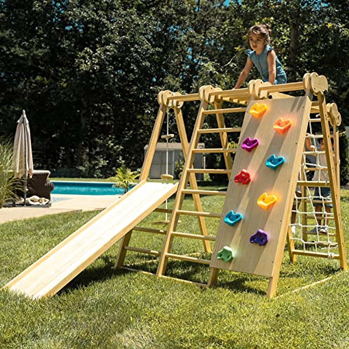 Avenlur Chestnut 7-in-1 Indoor and Outdoor Foldable Jungle Gym Playset for Kids Aged 2-6yrs with Slide, Rock Climb Wall, Climbing Ladder, Rope Net, Monkey Bars, Swing, and Ninja Ring - USA Company