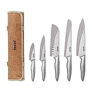 hecef Vintage Style Kitchen Knife Sets,Scratch Resistant Camping Matte Knives with 5 Slots Recycled Oxford Cloth Knife Roll Bag & Covers,Stonewashed High Carbon Stainless Steel Blades & Hollow Handle