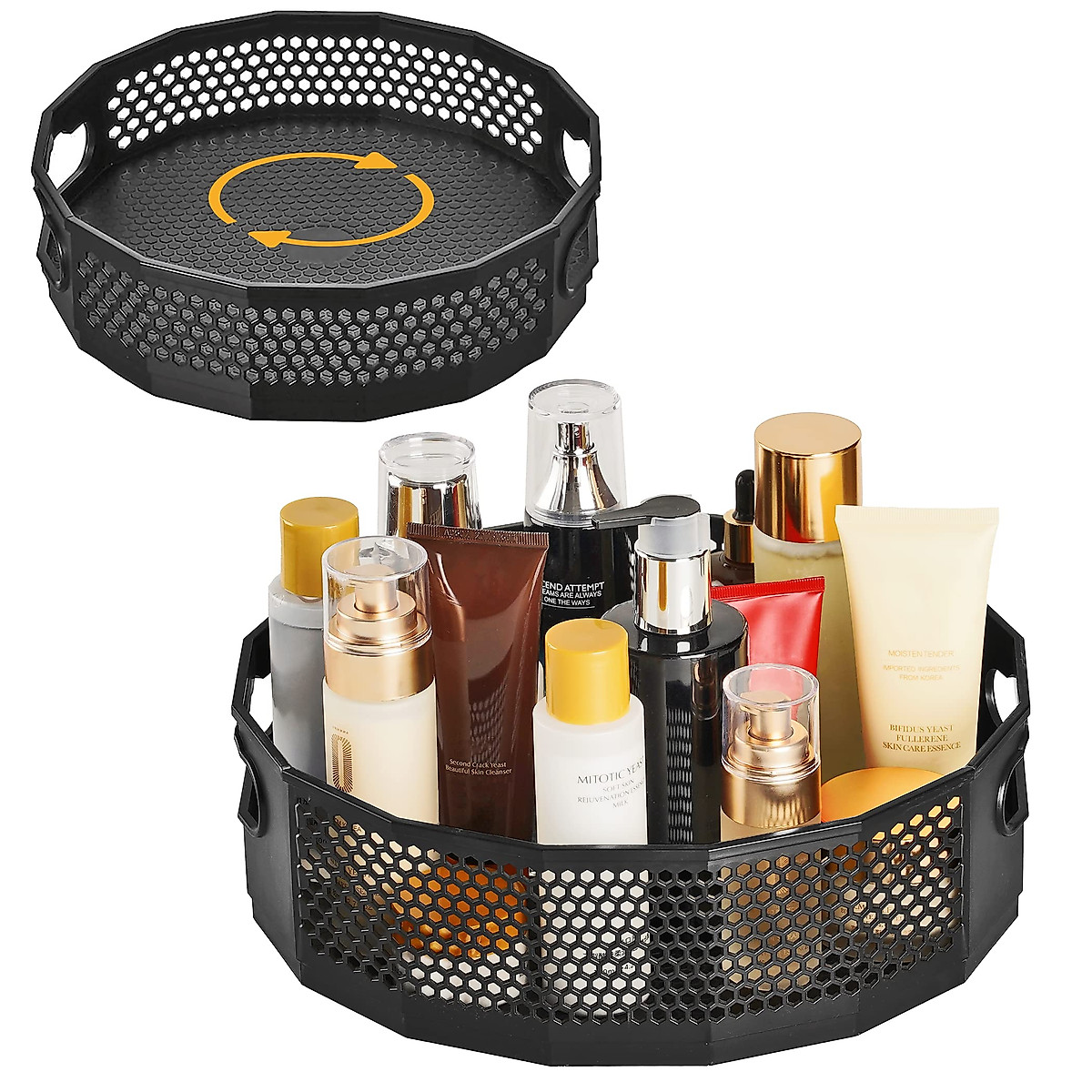 YEAVS 2 Pack Spinning Lazy Susan Turntable, Deep Plastic Spice Condiment Holder Makeup Organizer Multifunctional for Kitchen Fridge Bathroom Counter Top (Black)