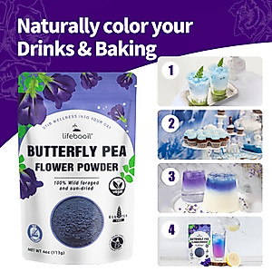 Butterfly Pea Flower Powder 4oz | Natural Blue Food Coloring for Drinks, Baking, Smoothies | Vegan, Non-GMO, Gluten-Free, No Additives