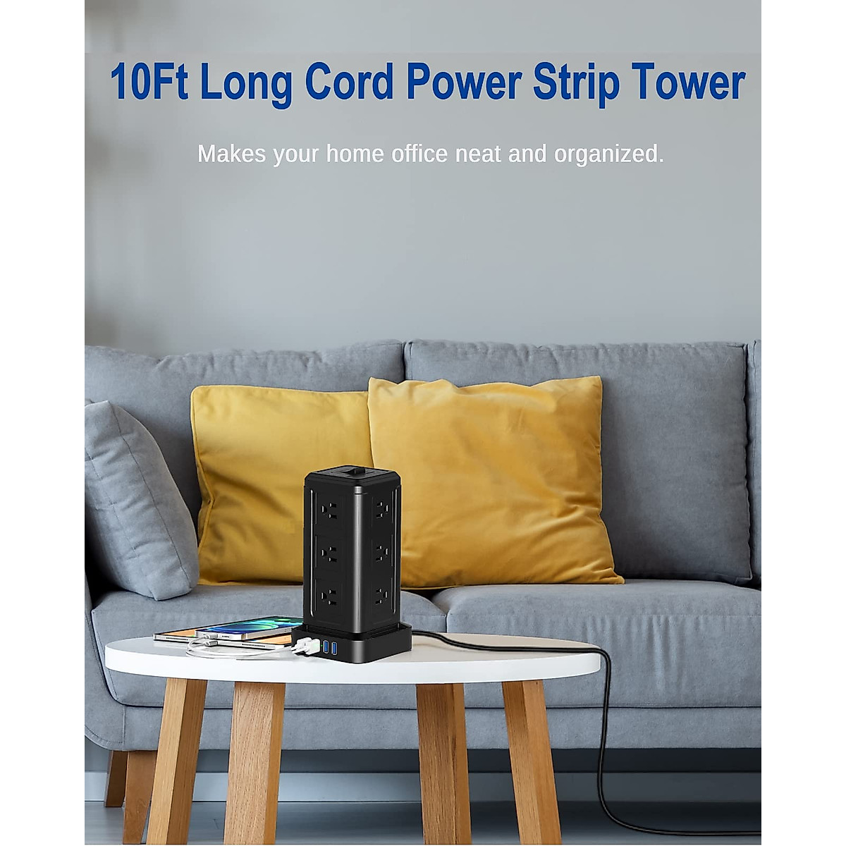 NVEESHOX Power Strip Surge Protector Tower with 12 Outlets 4 USB Ports, 10ft Long Extension Cord Multiple Outlets Charging Tower with Surge Protection, Overload Protection Fire Proof for Home Office