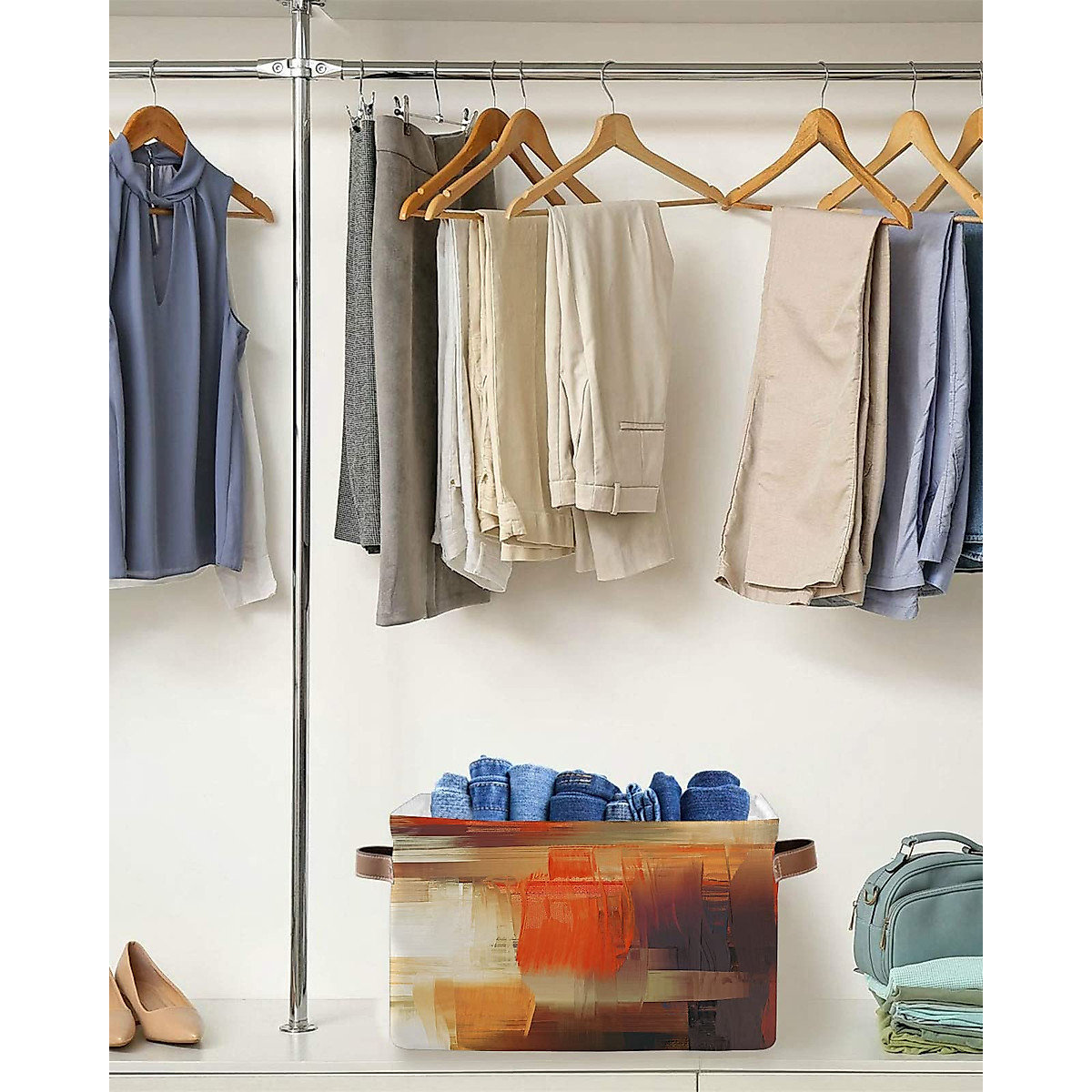 Burnt Orange Storage Basket Waterproof Cube Storage Bin Organizer with Handles, Modern Geometric Oil Painting Abstract Art Collapsible Storage Cubes Bins for Clothes Books Toys 15"x11"x9.5" 1 Pcs