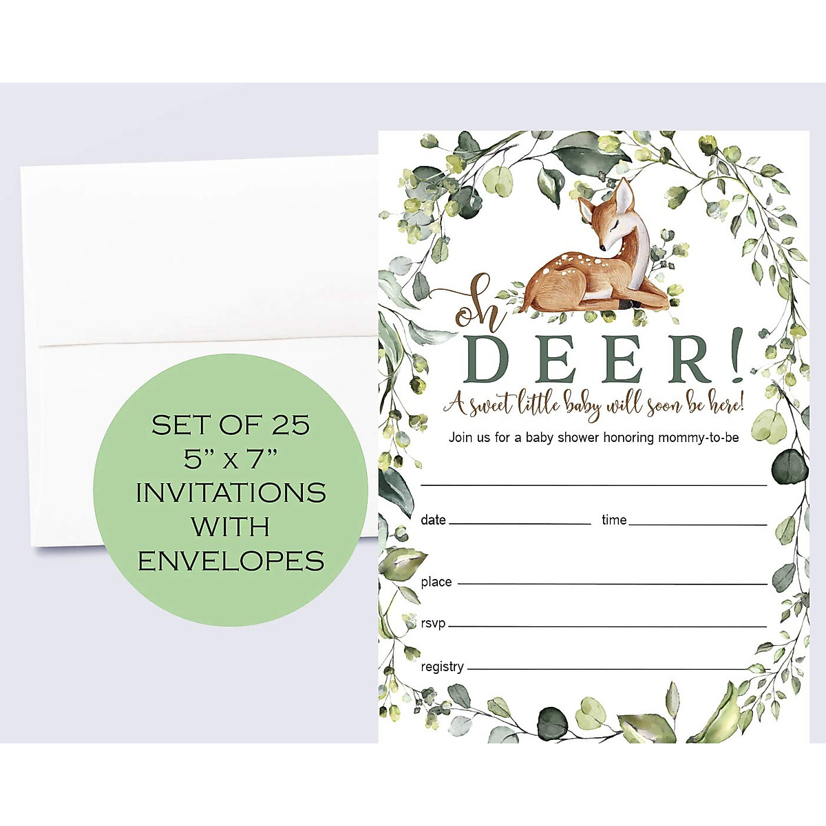 Set of 25 Oh Deer! Baby Shower Invitations, Gender Neutral Baby Shower Invitations, Woodland Baby Shower Invitations with Envelopes