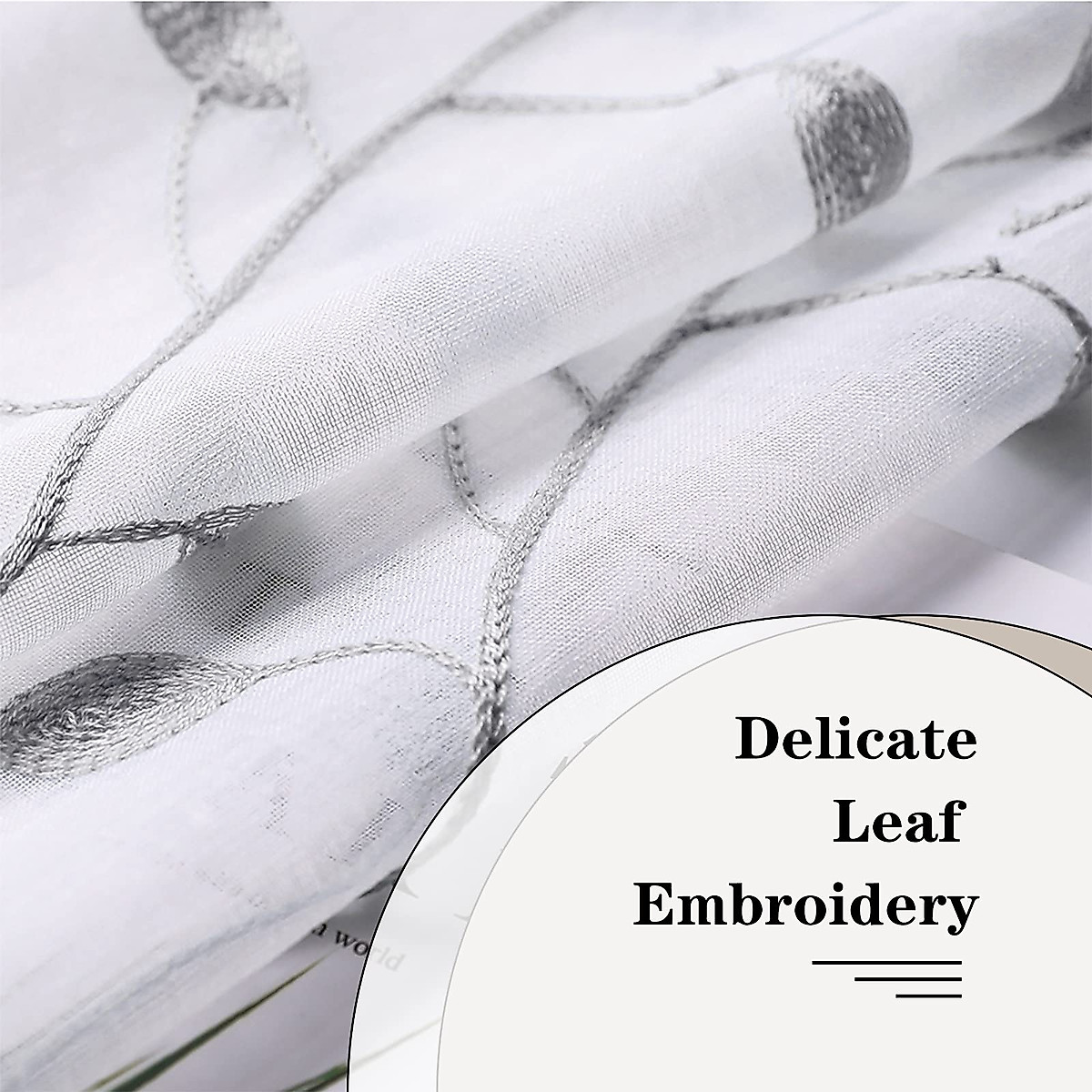 MRTREES Sheer Voile Curtain Valances, Leaves Embroidered Valance Curtains Rod Pocket, Small Sheer Window Curtains Treatment for Bedroom/Living Room/Kitchen/Basement(1 Panel, 54x16 Inches, Grey Leaves)