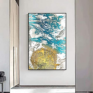 Abstract Blue with Gold Paintings Hand Painted Oil Painting On Canvas Fashion Modern Wall Art for Living Room,31inx47in,No Frame