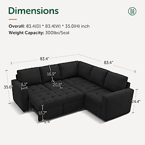 HONBAY Modular Sectional Sleeper Sofa with Pull Out Bed, Velvet Convertible L Shaped Sectional Couch with Storage Seat, Sectional Couches for Living Room, Balck