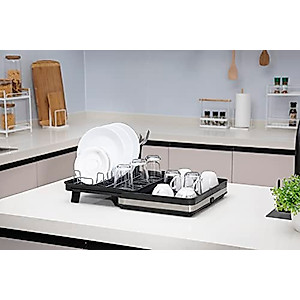 Alta by Auggie Chino Expandable Dish Drying Rack with Drainage Spout, Stainless Steel, Movable Utensil Drainer, (Black)