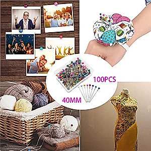 104PCS Pin Cushion for Sewing Kit Wrist Pin Cushion Pumpkin Pad with Elastic Wrist Belt 100 Straight Sewing Pins Wood Base Magnetic Needle Pin pad 60’‘ Pocket Measuring Sewing Products for DIY