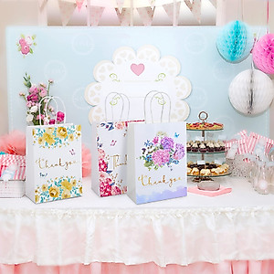 Thank You Gift Bags 12 Pack Floral Design Small Thank You Bags with Handles, 8.6" X 6.2" X 3" White Kraft Paper Bags Favor Bags Gift Bags for Small Business Wedding Bridal Shower Baby Shower