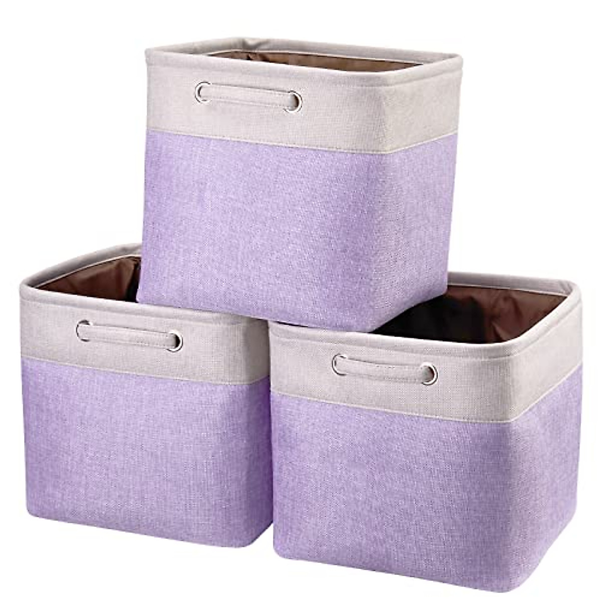 Fabric Cube Storage Bins Foldable Storage Boxes Light Purple and Silver Khaki Patchwork Storage Baskets Cubes Storage Bins with Handle Cube Inserts Storage for Home and Office Supplies 13x13x13 cube organizer bin Pack of 3