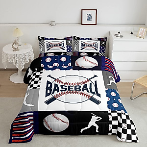 Baseball Bedding,Kids Sports Baseball Comforter Set For Boys Girls Twin Size,Teen Baseball Quilt Set Sport Fans Room Decor,Patchwork Geometric Checkered Comforter Balck white Navy Blue 1 Pillowcase