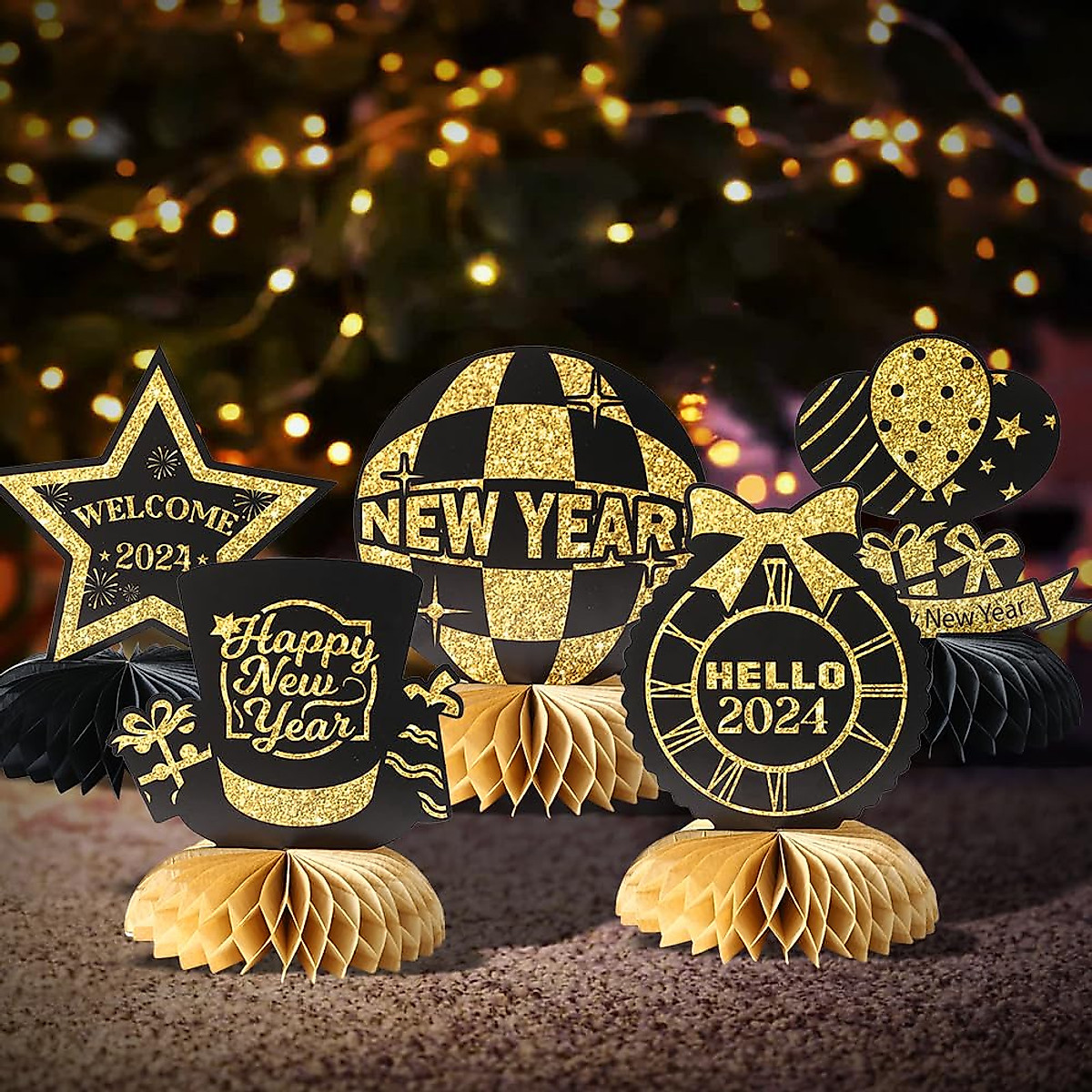 Happy New Year Honeycomb Centerpieces Decorations Pack of 12 3D Happy New Year Decorations 2024 for Happy New Year Theme Table Toppers New Year Eve Party Supplies 2024