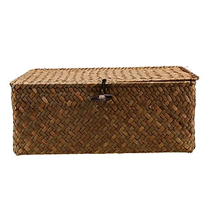 Natural Straw Rattan Multipurpose Container Rectangular Storage Baskets With Lid Hand Woven Storage Box with Button for Desktop Home Decoration (12 Inch)