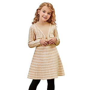 Girls Knitted Sweater Dresses Kids Mock Neck Khaki Flare Plaid Winter Dress, 4t 5t
