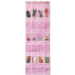 Simple Houseware 24 Pockets - Crystal Clear Over The Door Hanging Shoe Organizer, Pink