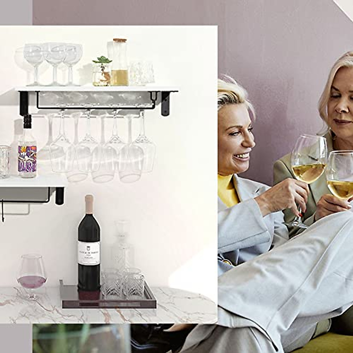 Afuly Wine Rack Wall with Glass Holder, 20 inch Long White Floating Shelf Wall Mounted for Stemware Liquor Bottles, Bathroom Wall Shelves with Towel Bar, Coffee Bar Shelves with 8 Hooks, Set of 2