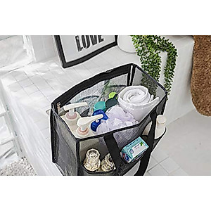 ALYER Big Mesh Shower Bag Tote,Portable Dry Wet Separation Bath Organizer with a Clear Zippered PVC Pocket (Black)