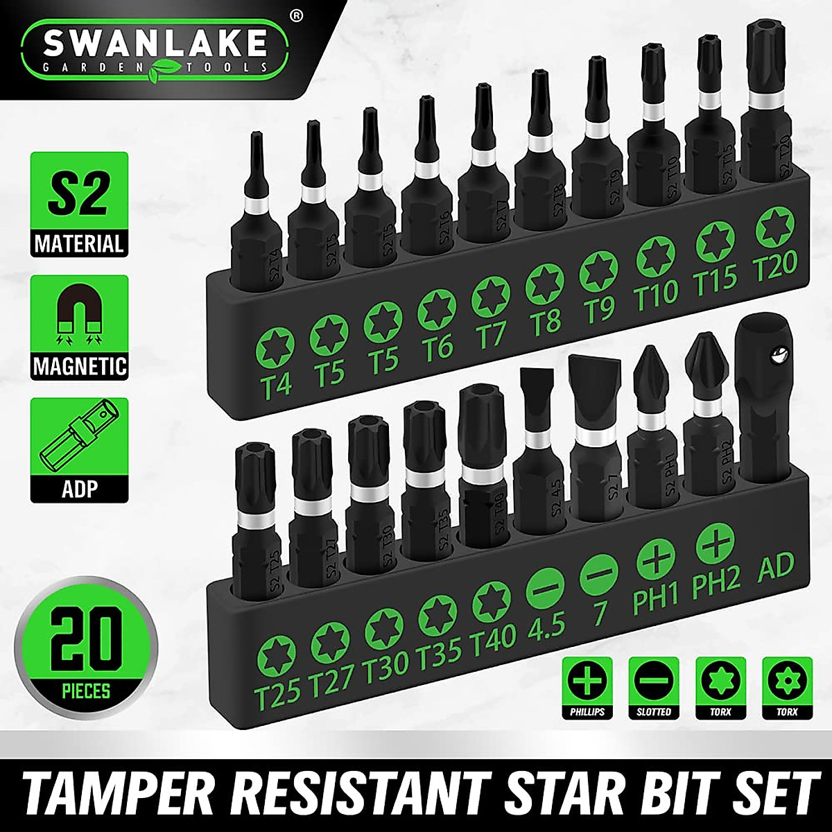 SWANLAKE 20PCS Tamper Resistant Star Bit Set,Torx Bit Set, Impact Grade Security Torx Bit Set,1/4-inch Hex Shank, S2 Alloy Steel, T4-T40
