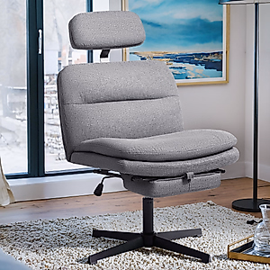 Shahoo Criss Cross Legged Chair, Armless Swivel Wide Padded Height Adjustable Fabric with Headrest&Footrest for Home Office, Grey
