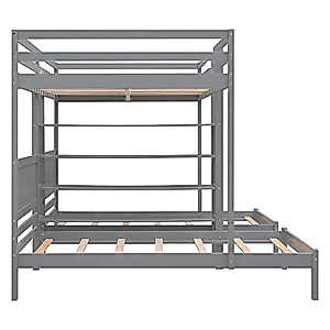 BOVZA Modern Triple Bunk Bed Frame, Twin XL Over Twin&Twin Wooden Bunk Bed with Built-in 4 Shelves and Ladder, Saving Space, Gray
