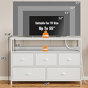 Furologee White TV Stand for Bedroom with Outlet for 55" TV, Long 45" Console Sofa Table with 5 Drawers, Entryway Table with Storage Shelves, Tall Entertainment Center for Living Room, Hallway