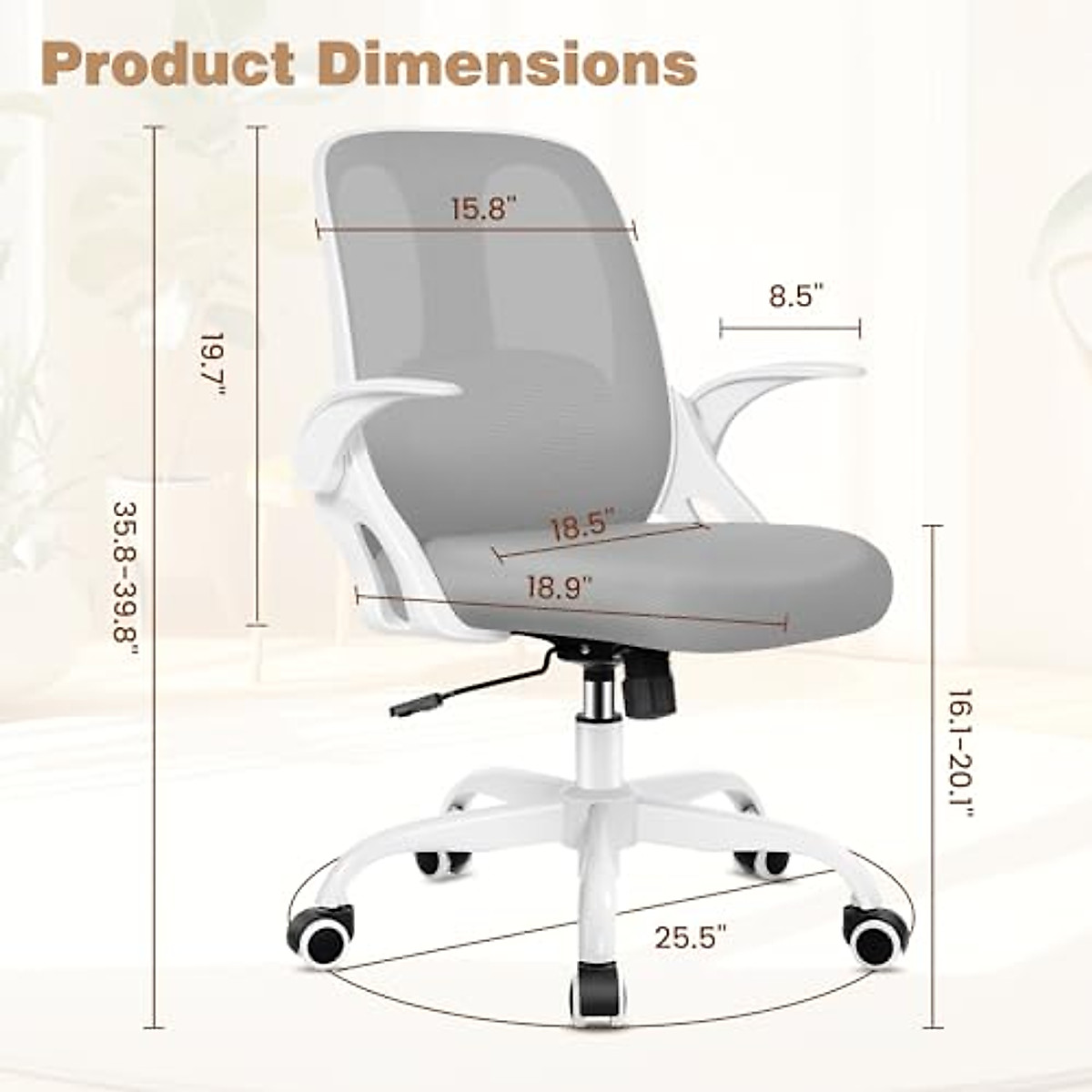 Razzor Office Chair, Ergonomic Computer Desk Chair with Lumbar Support, Breathable Mesh Rolling Swivel Task Chair with Flip-up Armrest and Adjustable Height for Home Office - LightGray