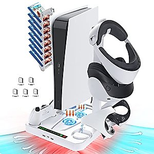 PSVR2 Charger & PS5 Controller Charging Station, PS5 Accessories for Playstation 5 Console,ps5 Stand with Cooling fan and Controller Charger, PSVR 2 Accessories Have 3 USB Ports & Led Indicator Light
