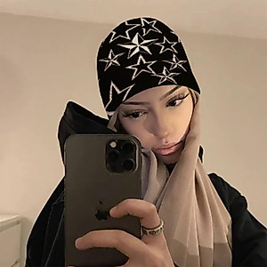 Diskebuiss Y2k Wool Beanie for Unisex-Adults, Star Pattern, One Size, White