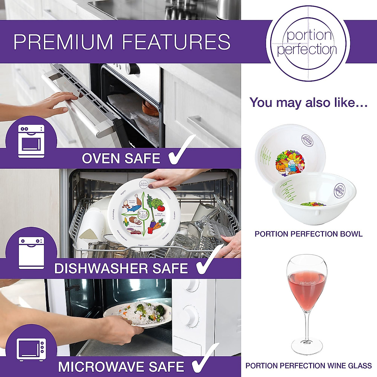 Portion Perfection PORCELAIN Weight Loss Plate for Women & Men | 2 Weightloss Serving Sizes on all 10 inch Adult Portion Control Plates, Ideal Weight Loss Products For Diabetes & Healthier Diets |