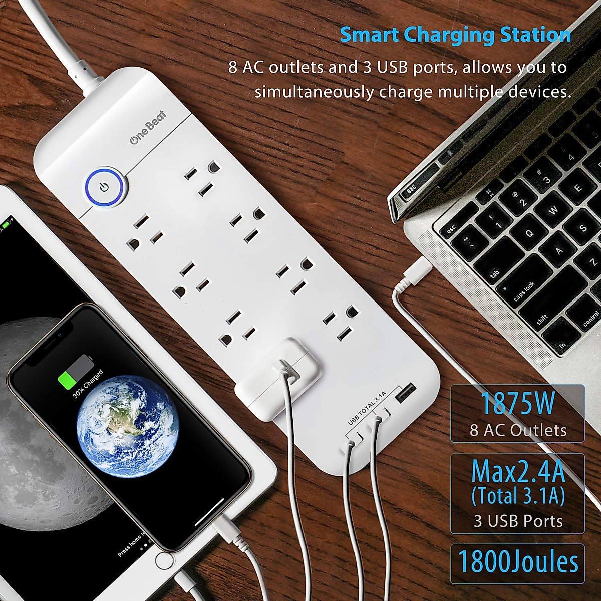 Surge Protector Power Strip - 8 Widely Outlets 3 USB Ports (1800J), 6ft Extension Cord with Flat Plug, Wall Mountable, Surge Overload Protection for TV Home Office, ETL Listed