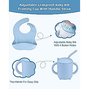 OFUN 8 Pack Silicone Toddler Feeding Set, Baby Led Weaning Supplies with Adjustable Bib, Divided Suction Plate, Bowl and a Sippy Cup, with 2 Spoon, 2 Folk, Eating Utensil for 6+ Months, Blue