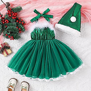 Baby Girl Christmas Dress Sleeveless Mesh Tulle Ruched Fluff Trim Bowknot Sweet with Santa Hat Princess Fall Winter (Green, 1-2 Years)